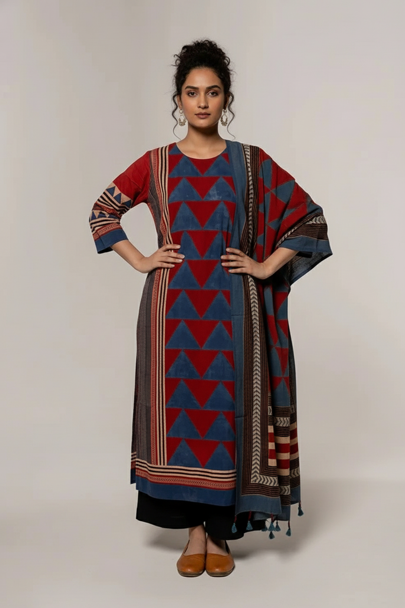 Red & Blue Geometric Block Print Cotton Kurta Set with Dupatta – Noor Bahar
