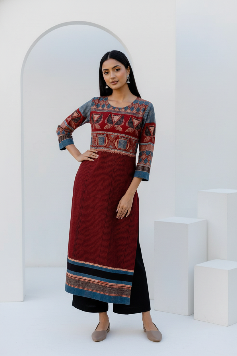 Maroon & Indigo Traditional Motif Print Cotton Kurta – Noor Bahar